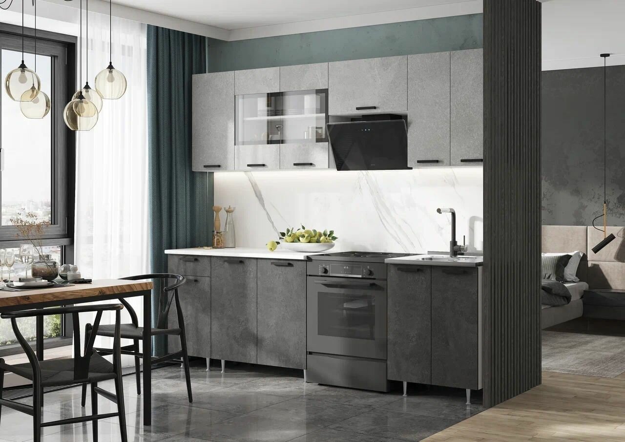 Кухня Рио NEW 2,4 м. Бетон светлый/Бетон темный, Белый
