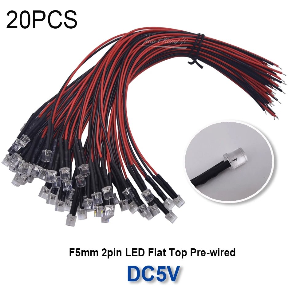 20шт 5V 5мм LED F5mm 2pin Flat Top Pre-wired