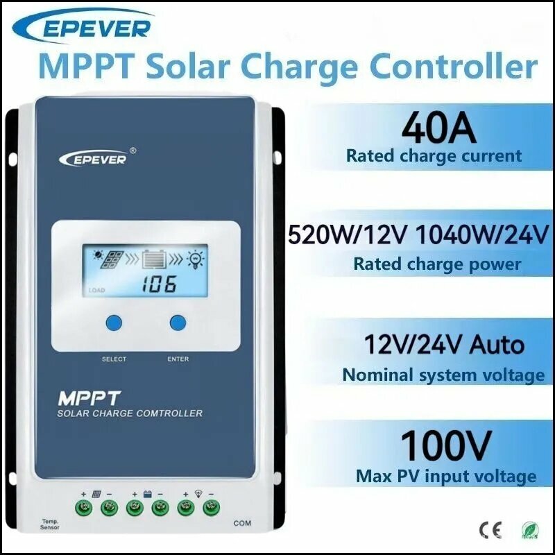 Контроллер заряда солнечной панели MPPT Epever 40 А, автоматическая идентификация 12/24 В, постоянное напряжение 100 В, ЖК-дисплей.