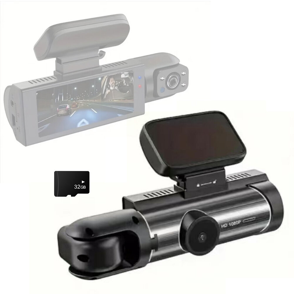 DVR камера для автомобиля 1080P Front & Inside Dual Camera с экраном IPS 3.16 дюйма, угол обзора 170°, поддержка ночного видения, блокировки при столкновении и циклической записи, черный цвет, пластик, 32G карта памяти, встроенная батарея 150mAh