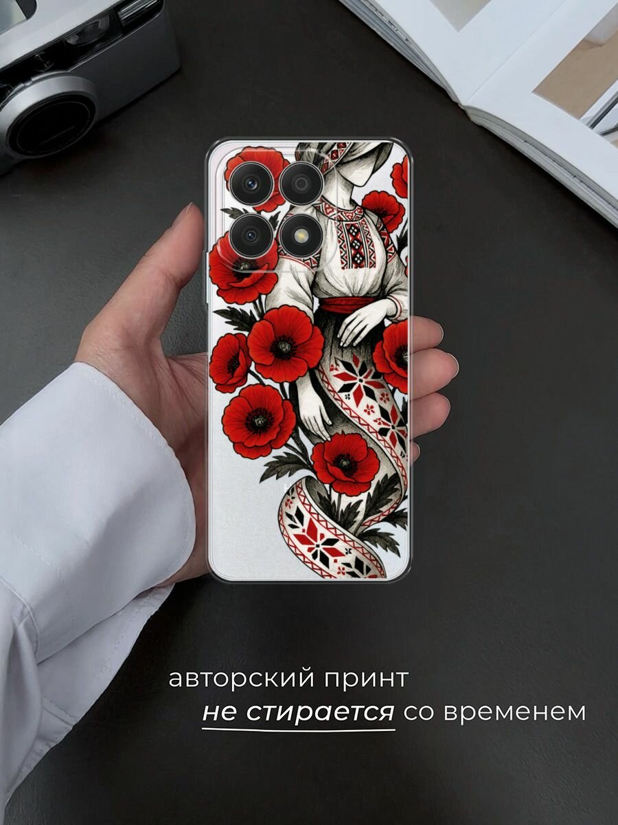 Чехол на Honor X8A / Хонор X8A с принтом Маки и девушка, прозрачный — фото 1