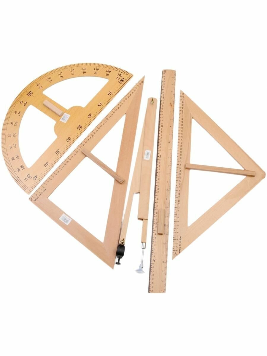 Эксклюзивный набор из 5 деревянных чертежных инструментов для доски, включающий линейку, транспортир, циркуль и два треугольника