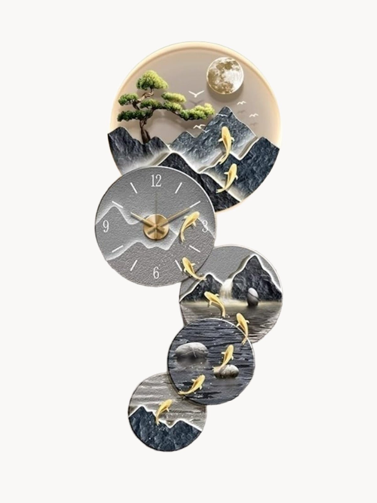 Часы «Девять рыб», крыльцо, декоративная картина, солнечный свет, золотая гора, текущая вода, приносящая богатство.