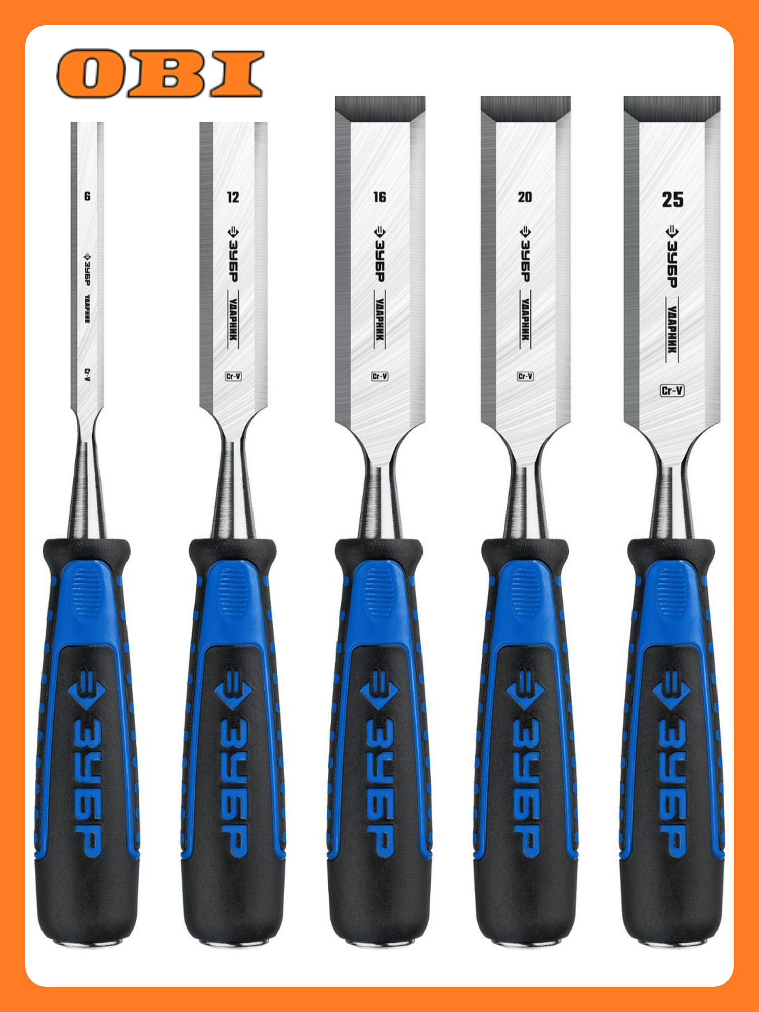 Набор стамесок ЗУБР, ударные, 5 шт, пластик, сталь CrV, ширина лезвия 6-25 мм