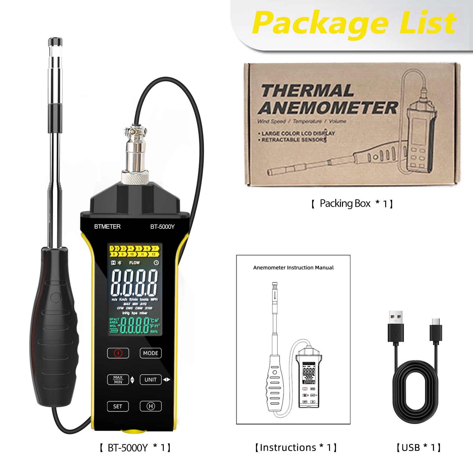 Ручной анемометр с горячей проволокой, с измерением температуры и воздушного потока, выдвижным цифровым анемометром, скоростью ветра (0,1-30 м/с)