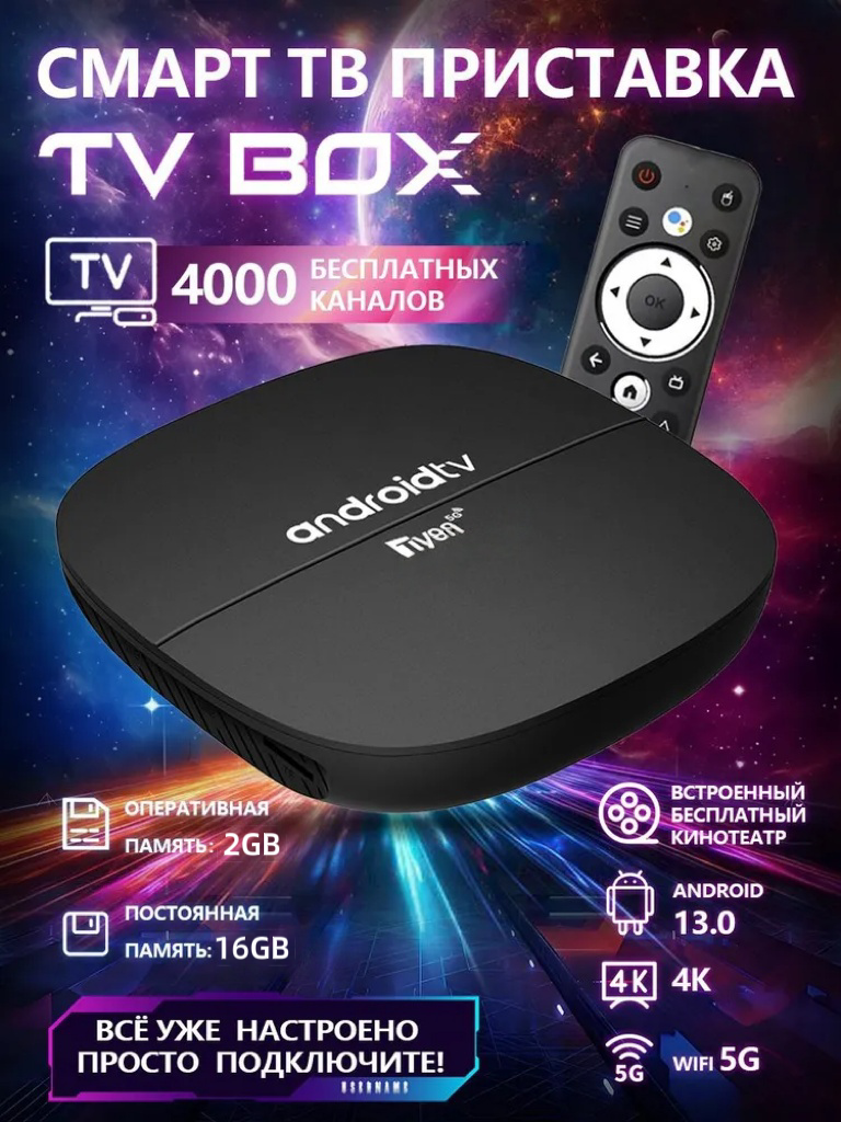 Медиаплеер Смарт ТВ приставка Android, 2 ГБ/16 ГБ, Bluetooth, Wi-Fi, черный матовый