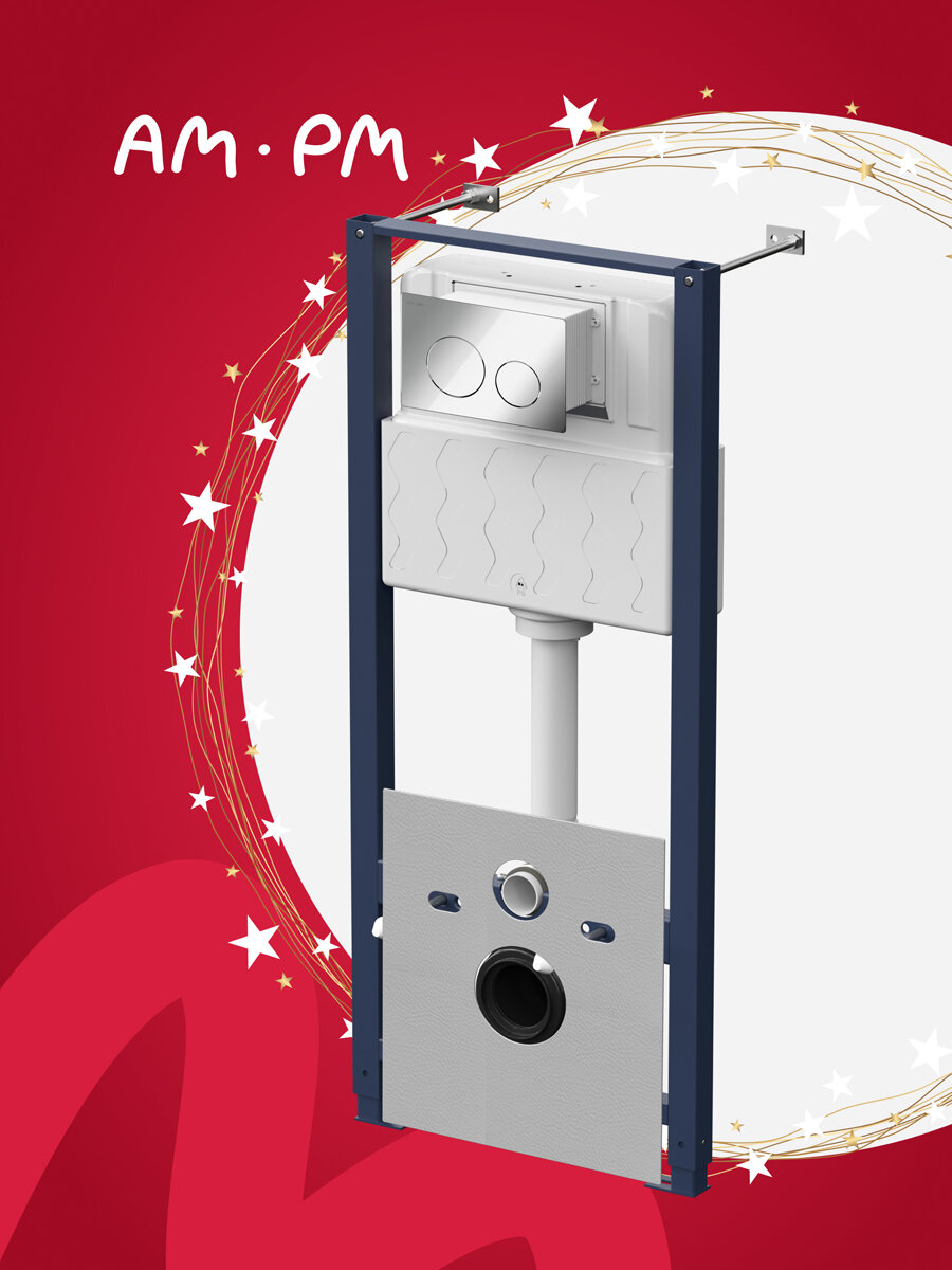 Инсталляция для подвесного унитаза AM.PM Jump с пневм. кнопкой L пластик глянцевый хром, звукоизоляционной пластиной