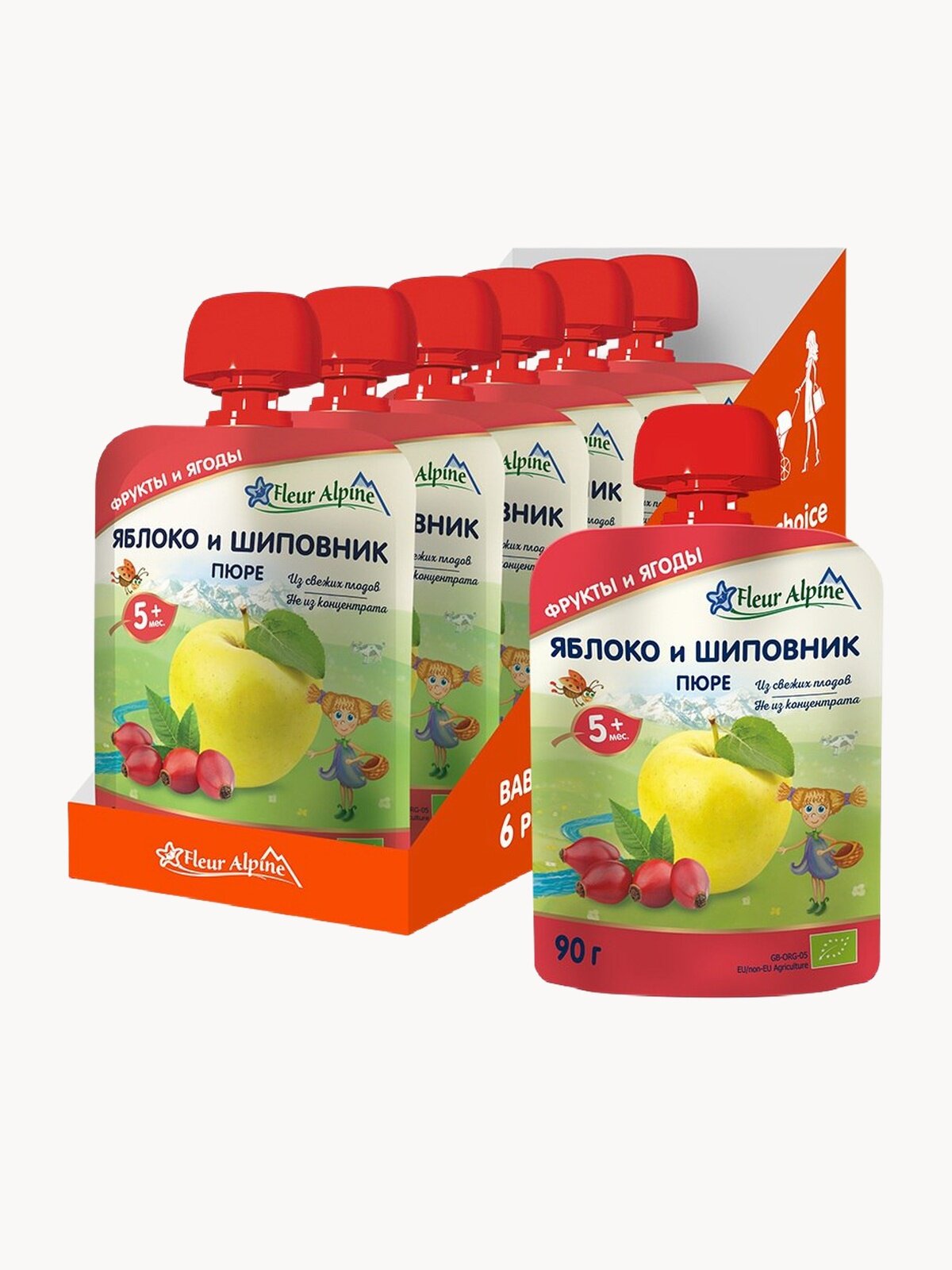 Пюре детское Fleur Alpine Яблоко и шиповник, с 5 месяцев, 90 г, 6 шт.