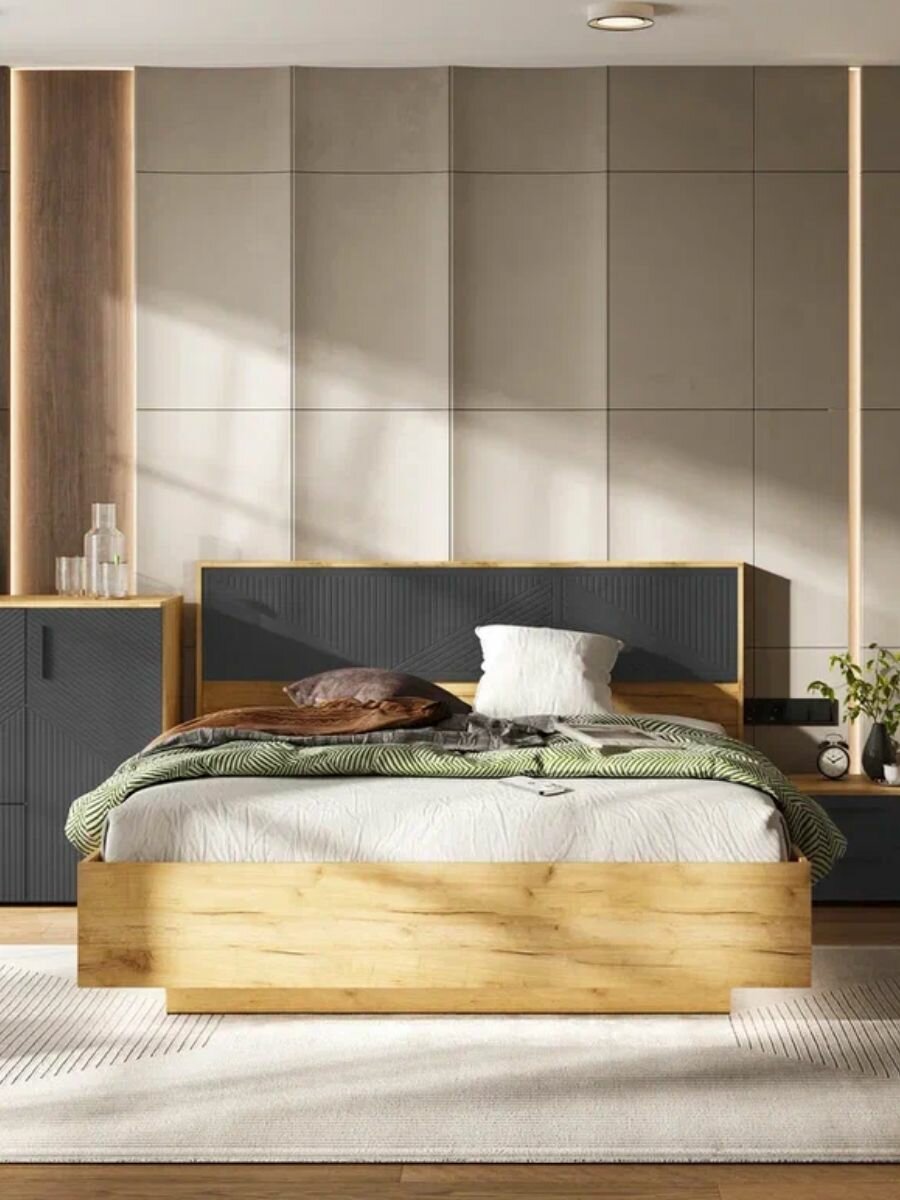 Кровать двуспальная парящая Сильвия 1,6 МДФ 1708х100х2101 Дуб крафт/Браш Графит, с ортопедическим основанием, МИФ