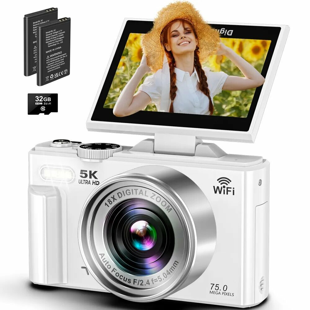 Цифровая камера 5K UHD 75 МП с Wi-Fi, 18-кратным зумом, откидным экраном