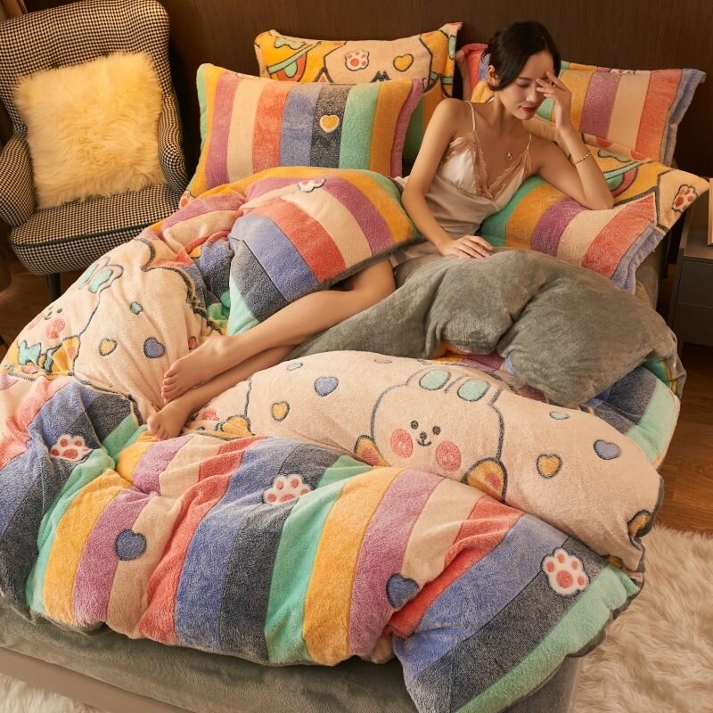 Зимний флисовый молочный бархатный пододеяльник, утолщенный фланелевый двусторонний коралловый флис, теплый комплект для студенческого общежития, четырехкомпонентный набор