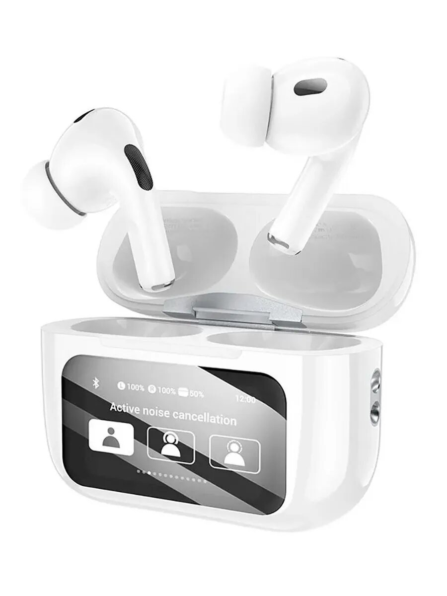 Наушники Bluetooth Hoco EW72 (ANC), в кейсе с сенсорным экраном, с активным шумоподавлением, цвет белый / с сенсорным дисплеем / беспроводные