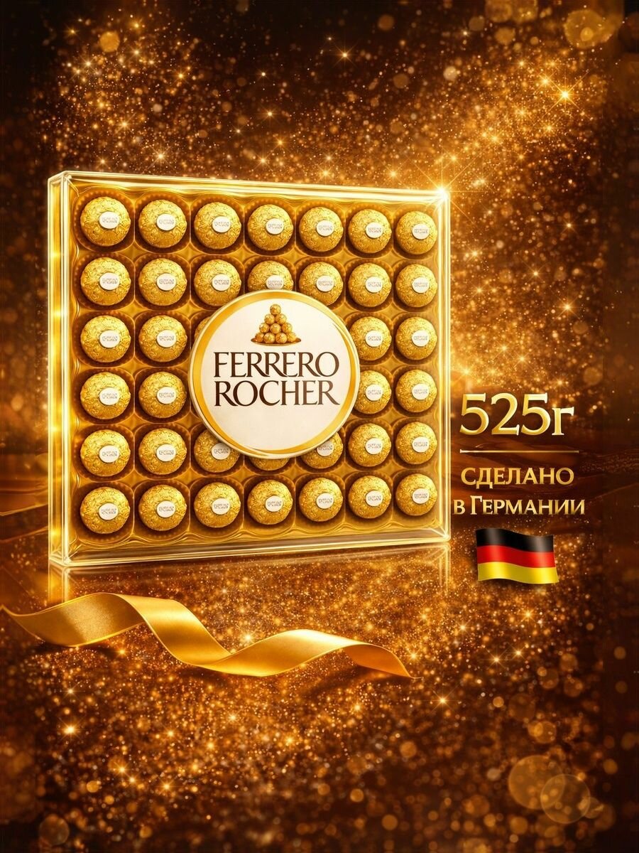 Конфеты в коробке в подарок Ferrero Rocher из молочного шоколада с начинкой из крема и лесного ореха, 525г, Германия