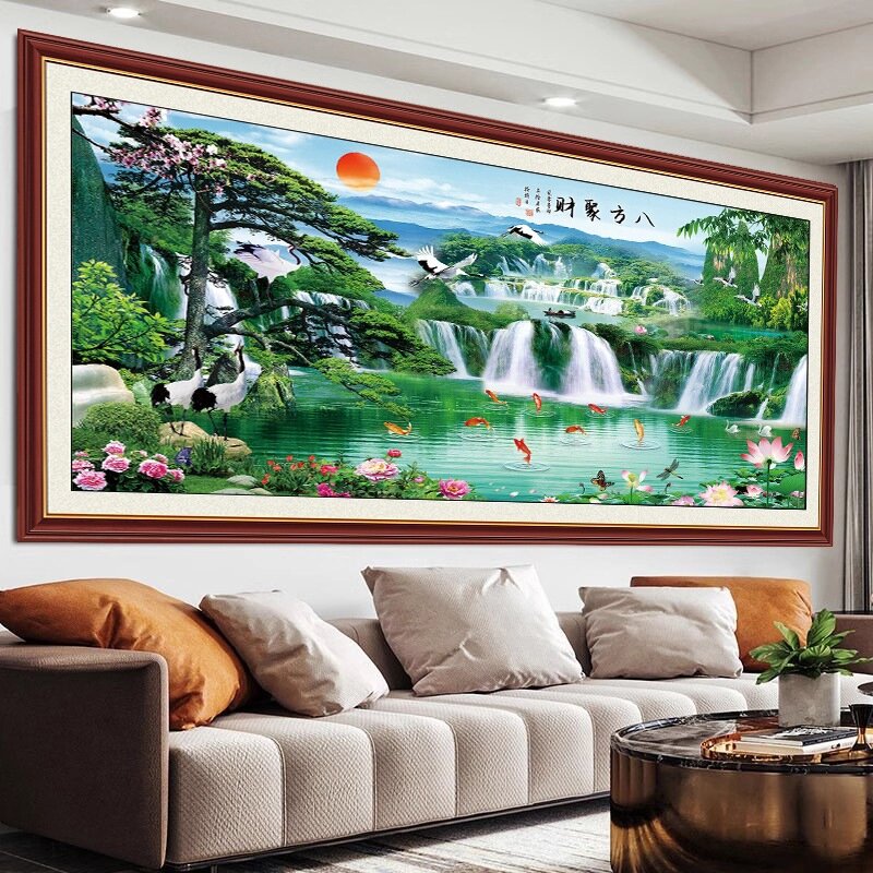 2025 Декоративная картина для стены за диваном, новая китайская стильная пейзажная живопись, текущая вода приносит богатство, самоклеящаяся обои-наклейка, мурал