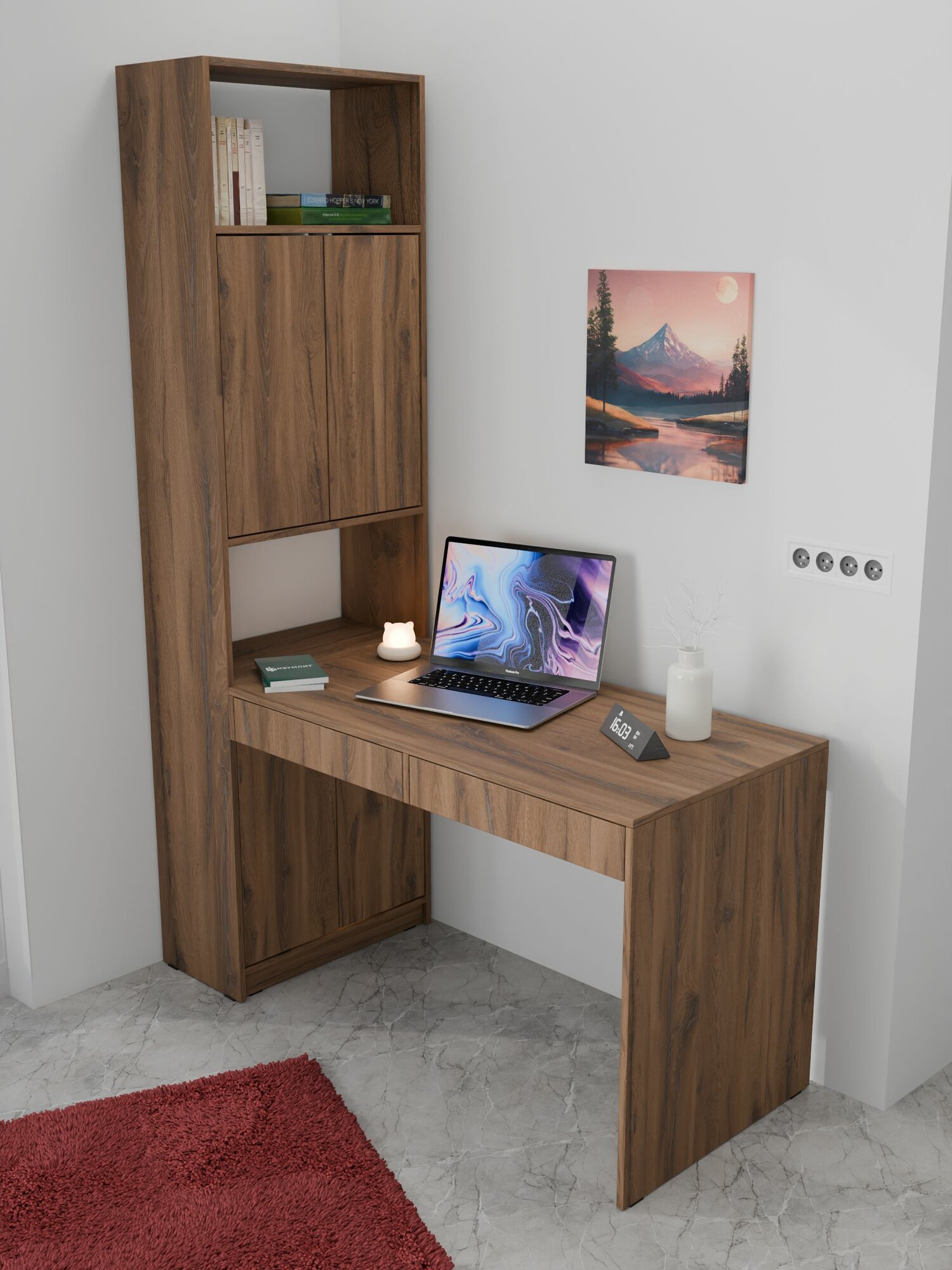 Изумлит Стол-стеллаж с дверьми письменный угловой, стеллаж слева 200х140х59.2 см, дуб крафт табачный