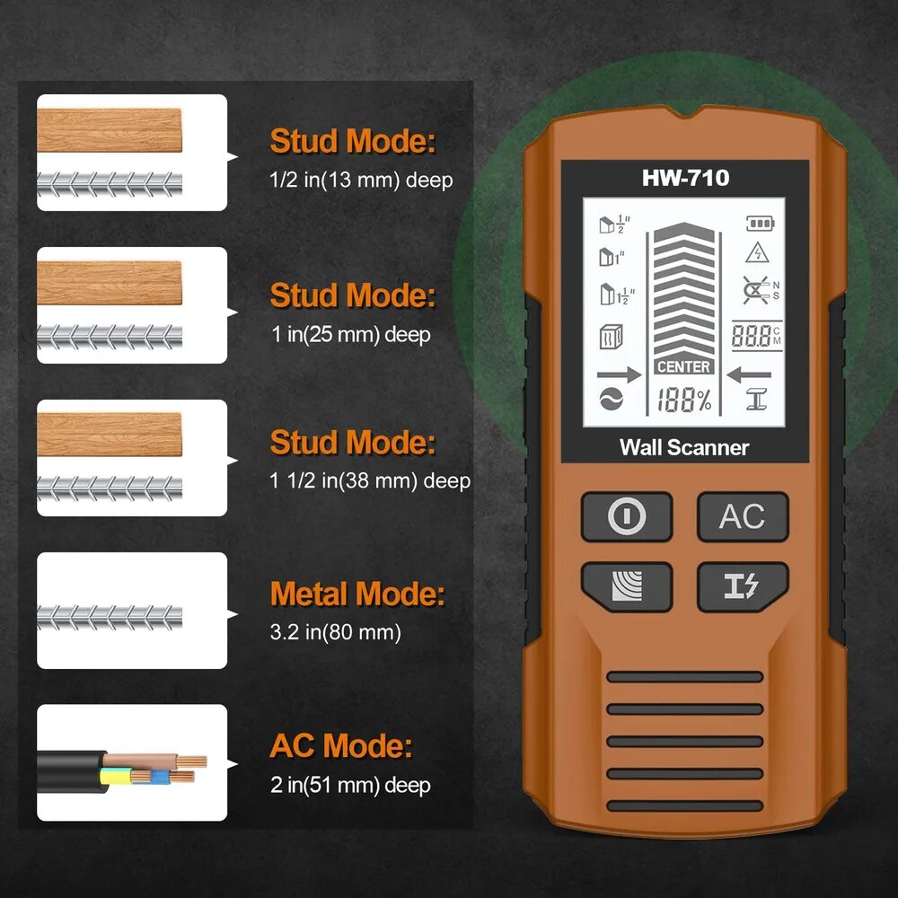 HW-710 Wall Scanner Многофункциональный детектор для обнаружения деревянных/металлических шпилек, труб, проводов — фото 1