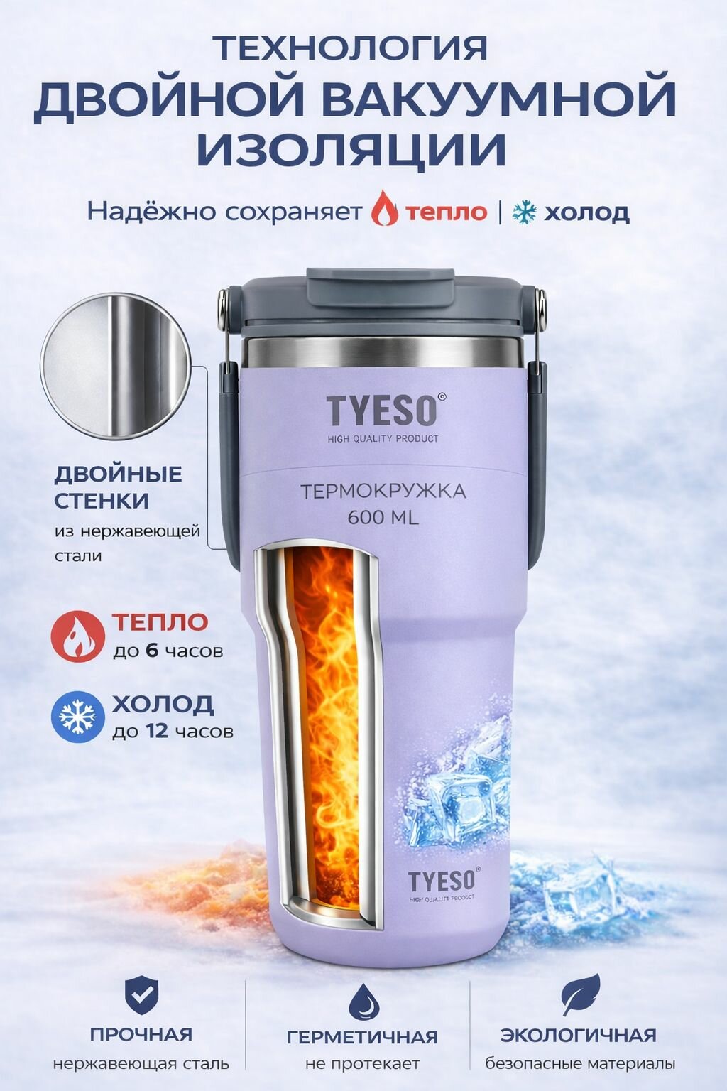 Термокружка для кофе и чая с собой 600 мл. Кружка термос с двойной стенкой из нержавеющей стали с трубочкой