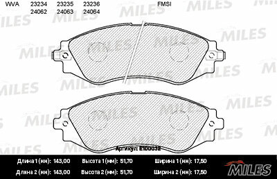 MILES Колодки тормозные передние (без датчика) (Смесь Semi-Metallic) CHEVROLET LANOS/LACETTI/REZZO, DAEWOO NEXIA/NUBIRA (TRW GDB3216) E100032