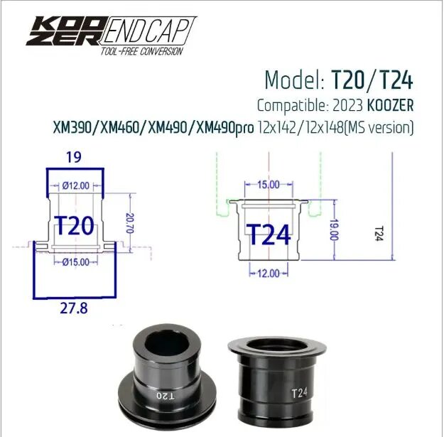 Комплект колпачковT20+T24/12x142/148 MS/ для передней втулки Koozer XM490pro/XM490/XM390/XM450