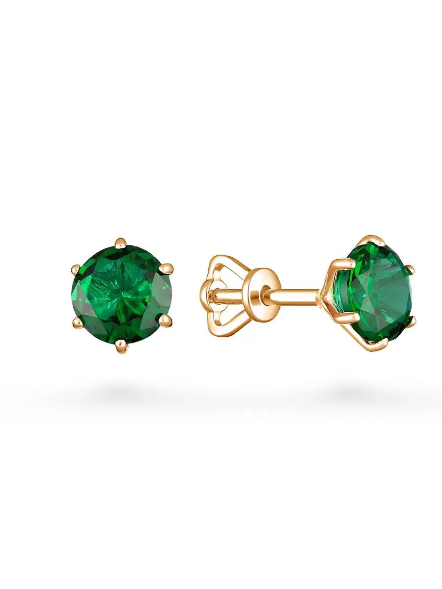 Серьги пусеты, красное золото, 585 проба, бриллиант, изумруд синтетический, изумруд