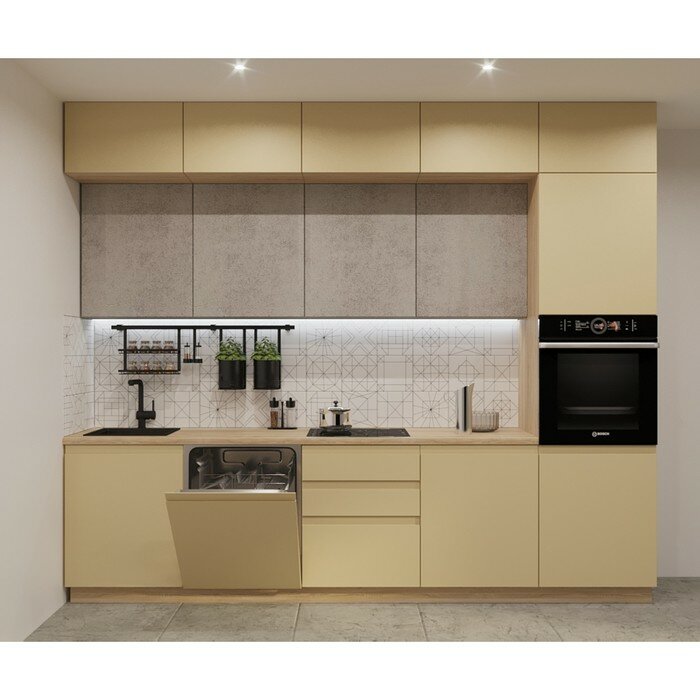 Кухонный гарнитур прямой трёхуровневый в потолок «Лайн 55», 3000 мм, цвет дуб сонома/стамбул/бетон светлый/дуб сонома светлый