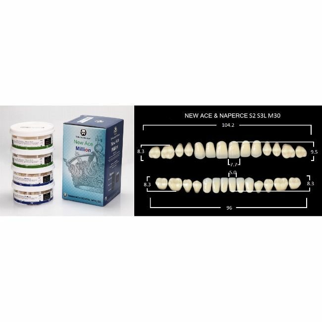 Зубы акриловые, вариант исполнения: New Асе -двухслойные, фронтальные, ф. S2/S3L. Million -однослойные, жевательные, фас. M30 (верх/низ). Цвет A1; 20 гарнитуров в боксах.