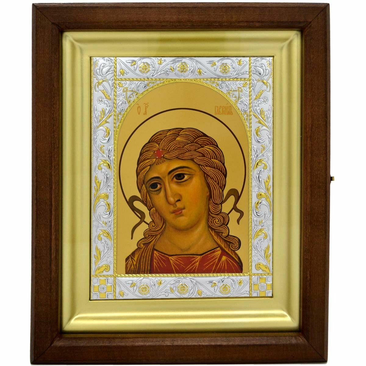 Икона Гавриил Архангел - златые власы. (14 х 18 см / 21 х 25 х 6 см / В серебряном окладе с позолотой в деревянном киоте)