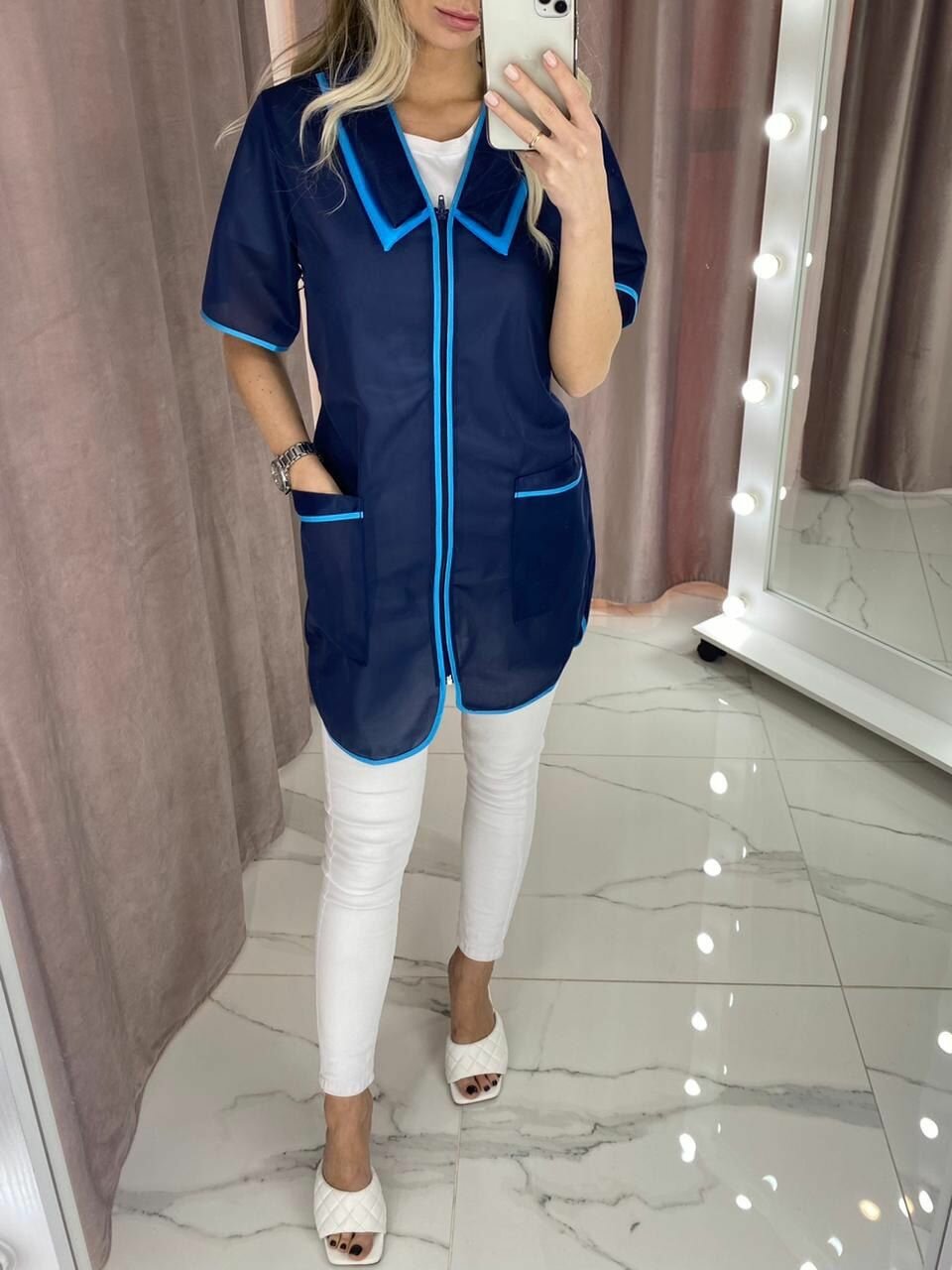 Халат рабочий женский Умница с рукавом. Сарафан парикмахерский, фартук универсальный подходит для продавцов, уборщиц, поваров, флористов и парикмахеров