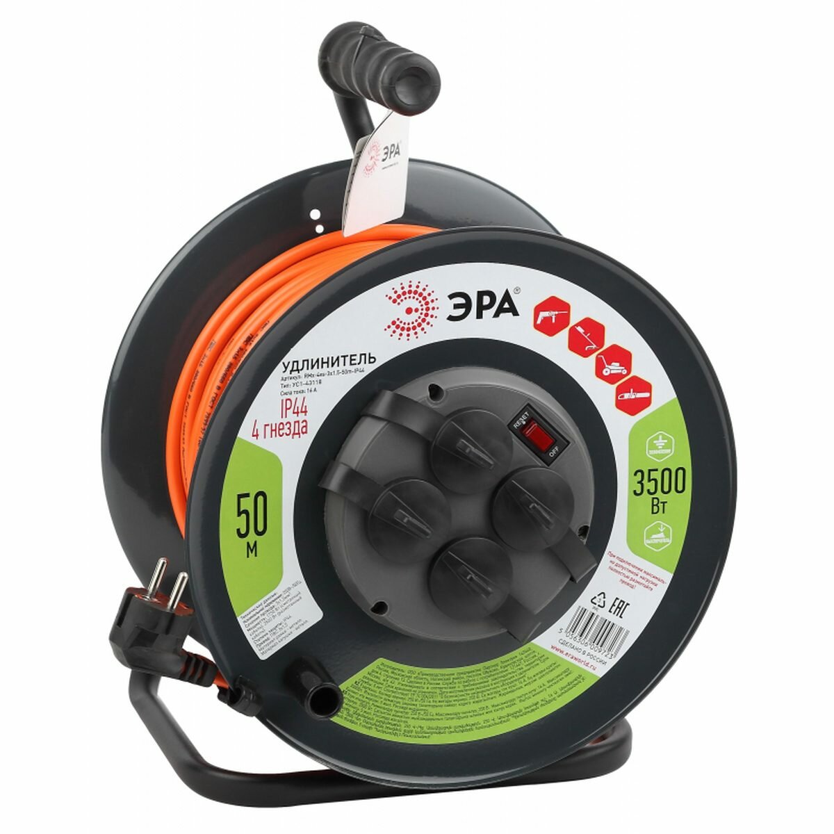 Удлинитель на катушке Эра, 4 розетки с заземлением, длина 50м, ПВС 3x1.5 кв. мм