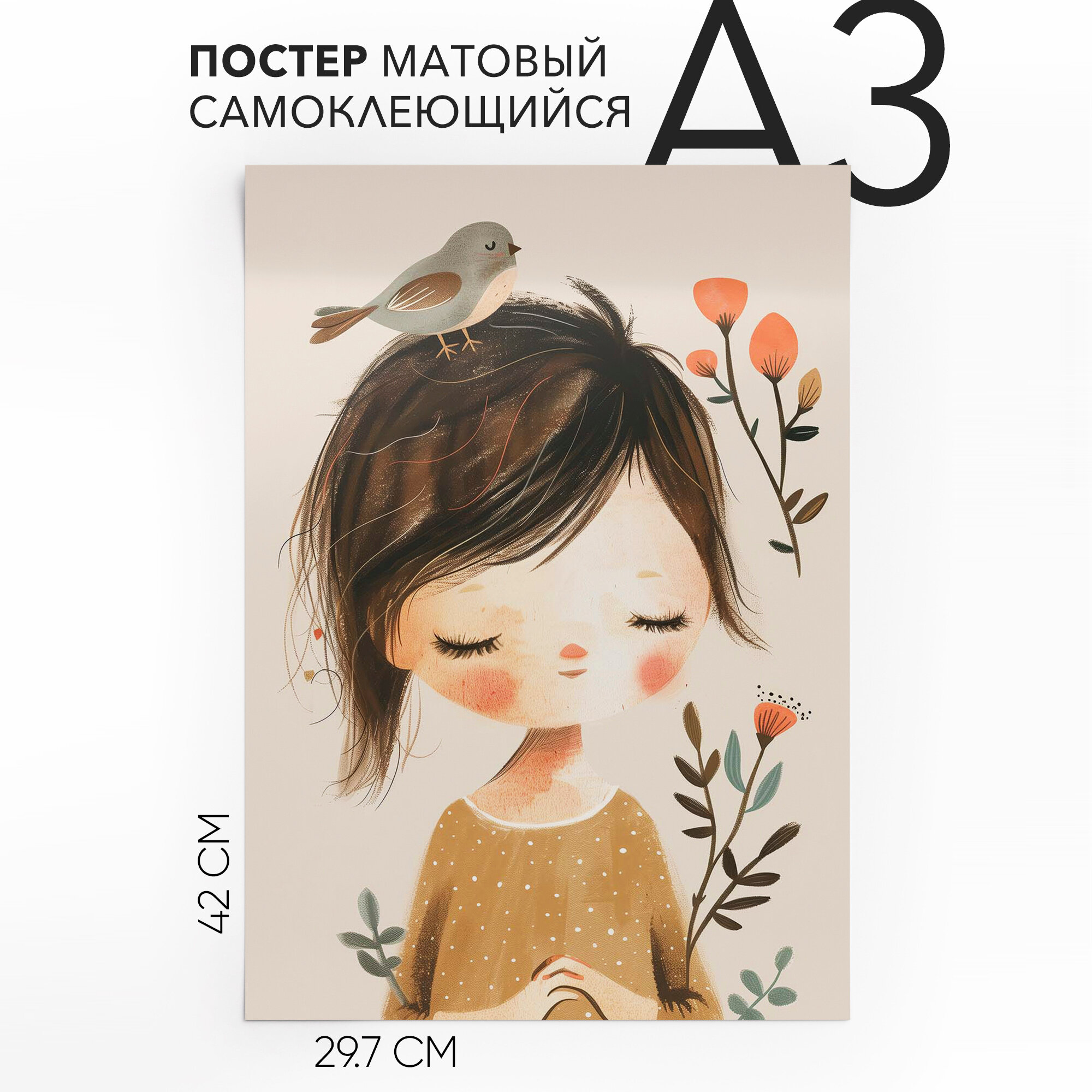 Картины постеры на стену, детский самоклеящийся A3 Девочка, влагостойкий, для декора