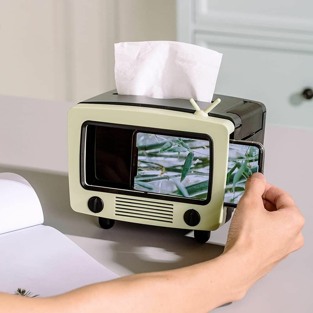 Многофункциональная коробочка для салфеток в форме телевизора с держателем для мобильного телефона.