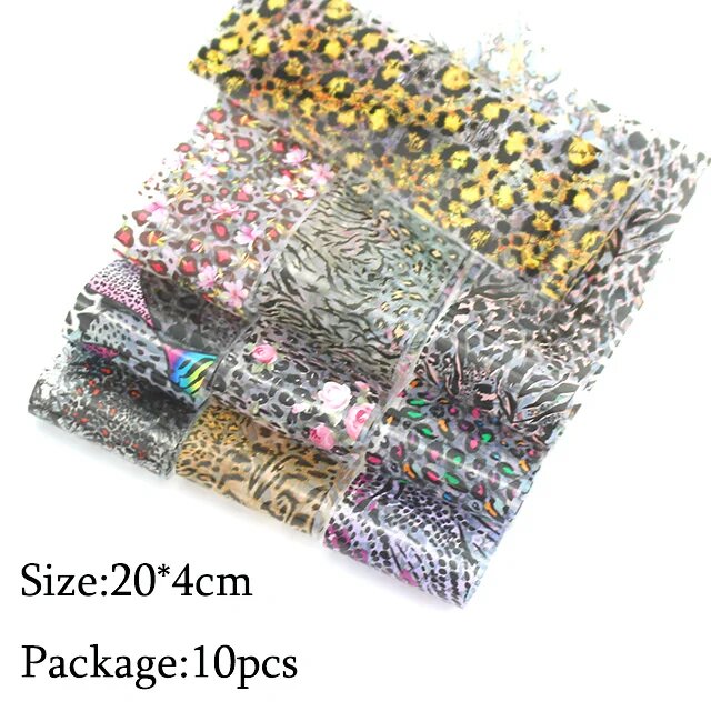 Фольга для дизайна ногтей, 10 шт, цветные переводные наклейки с леопардовым рисунком, голографические наклейки для ногтей, Переводные картинки, Микс декоративный для маникюра DIY