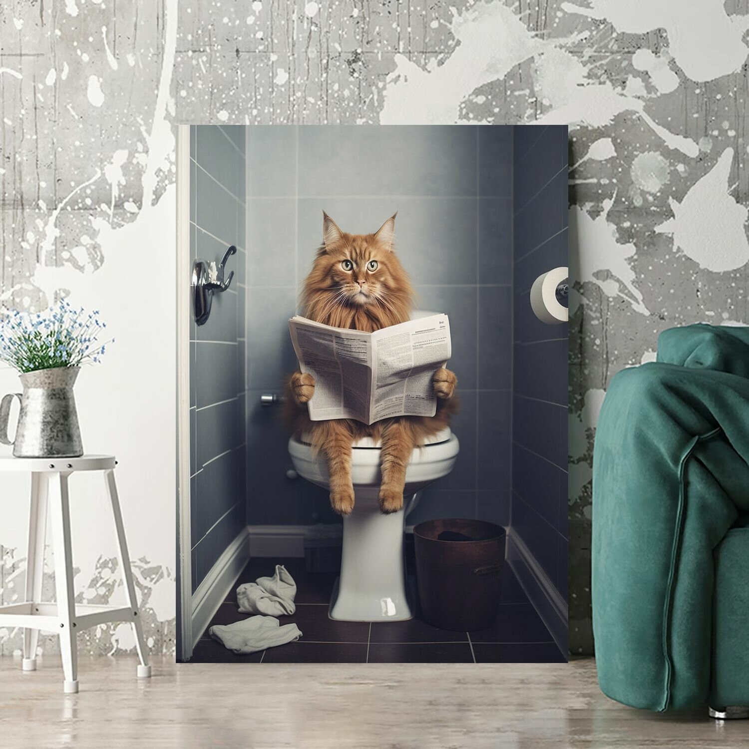 Картина в туалет, ванную комнату Кот читает газету, 50х70 см.