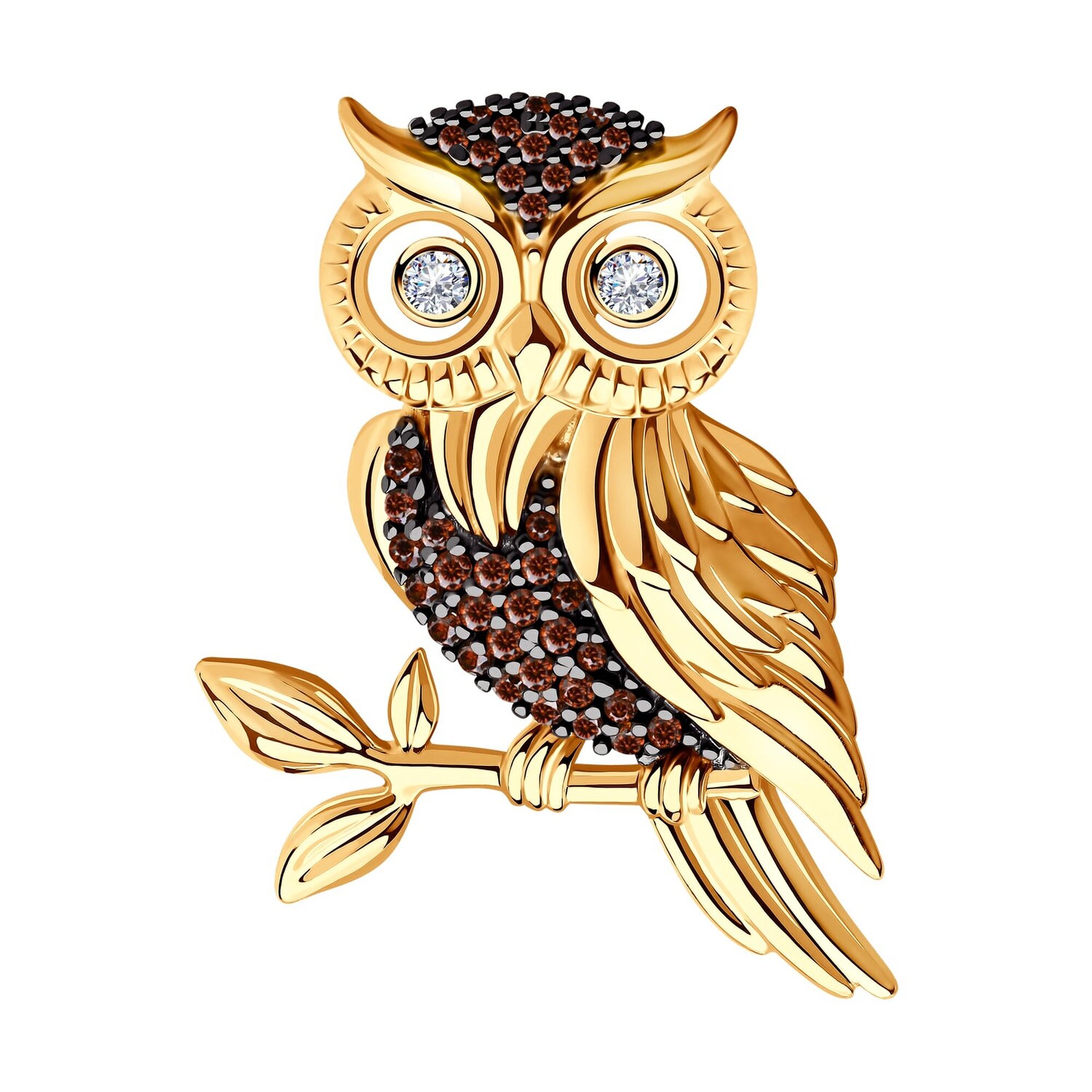 Брошь, серебро, 925 проба, золочение, фианит