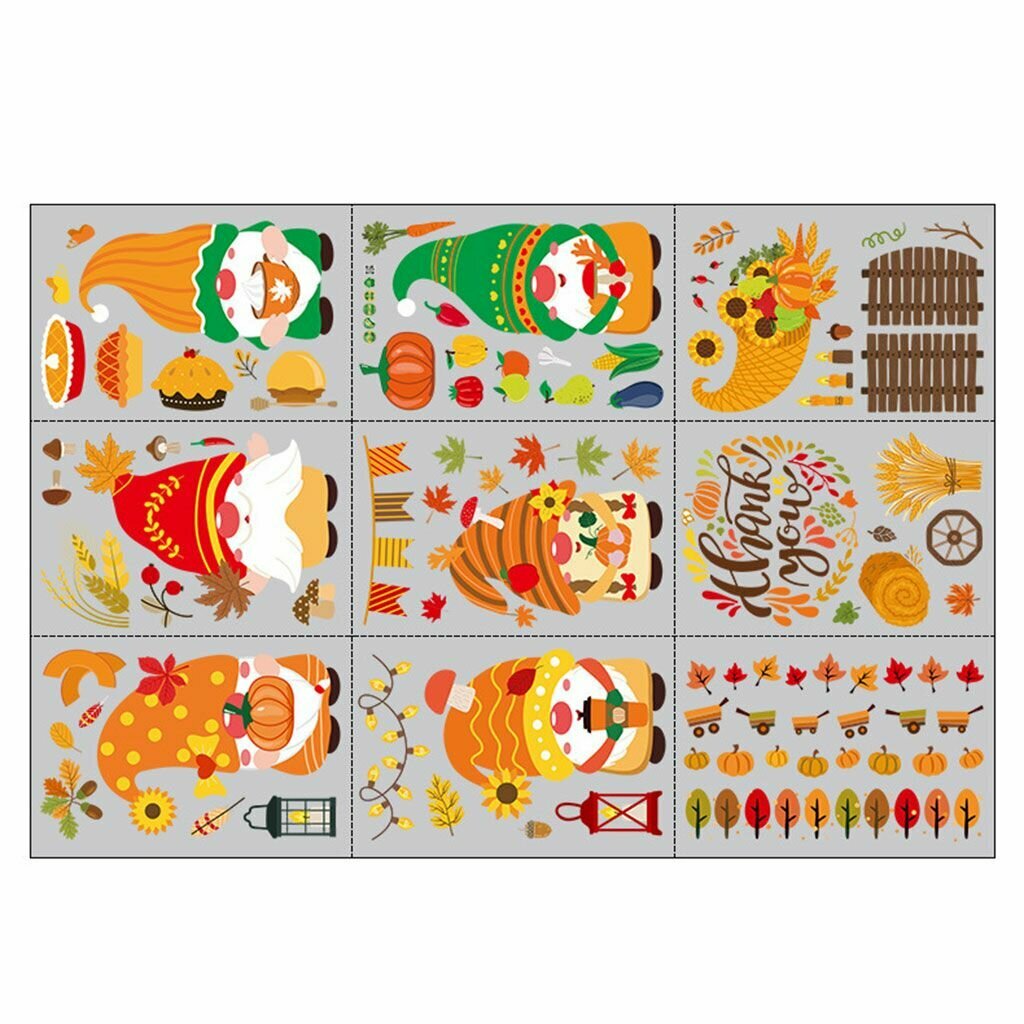 Набор из 9 наклеек на День благодарения с безликой бородой гнома, наклейки на оконное стекло