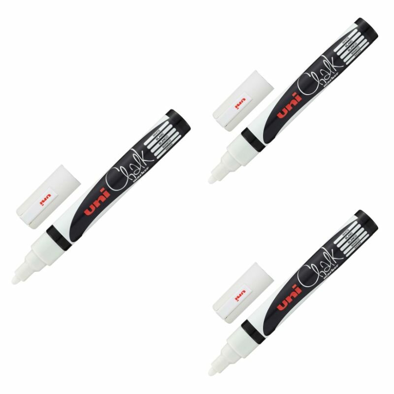UNI Маркер меловой, 1,8-2,5 мм, белый, 3 шт.