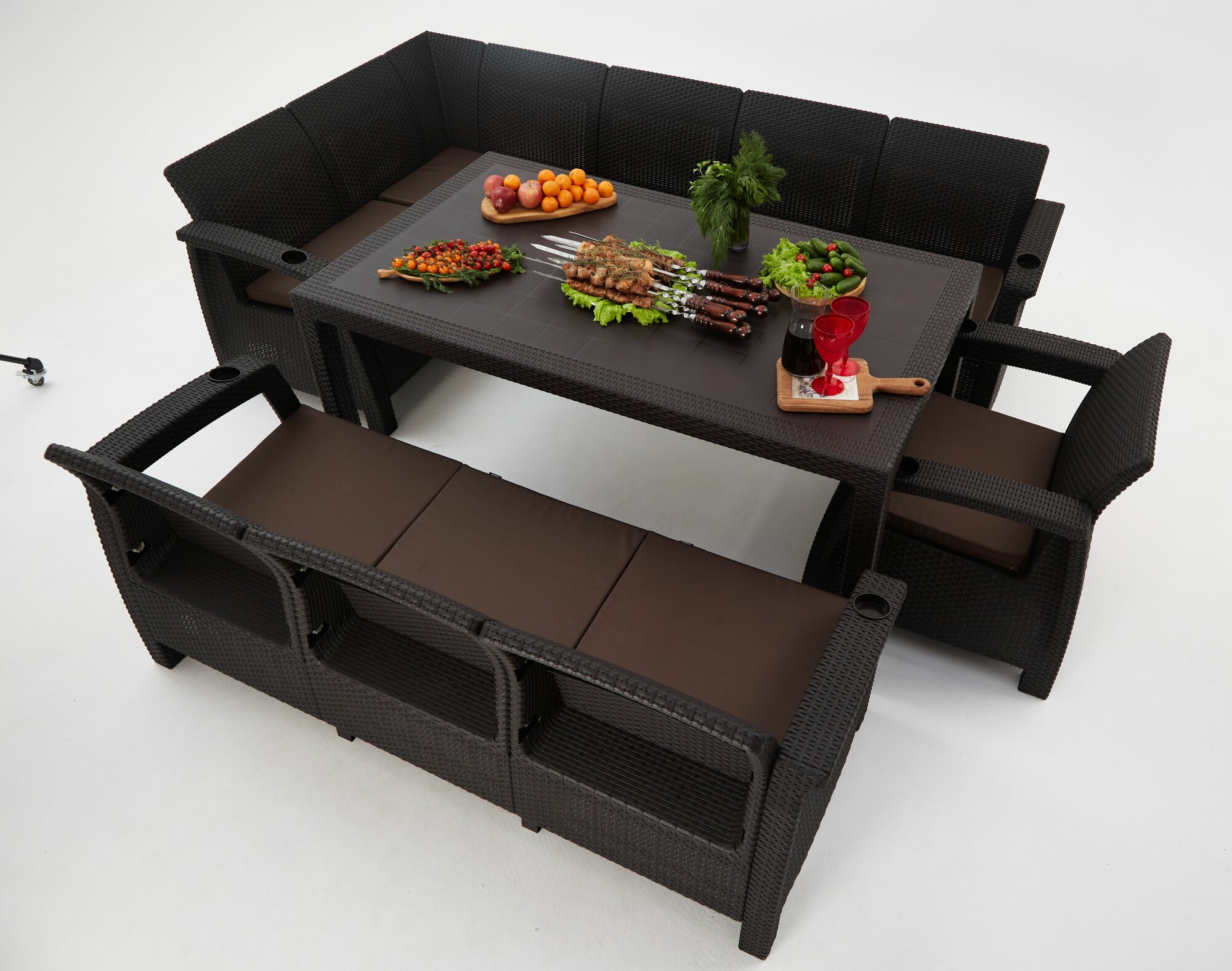 Комплект садовой мебели из ротанга Set 5+3+1+обеденный стол 153х79, с комплектом коричневых подушек