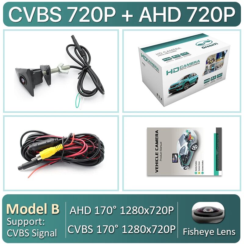 Камера заднего вида Greenyi AHD 720P CVBS 720P 170° рыбий глаз