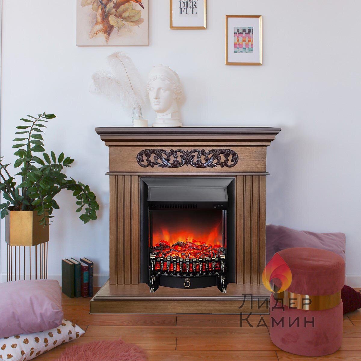 Камин электрический LiderKamin Кари LO с очагом Fobos (электрокамин)