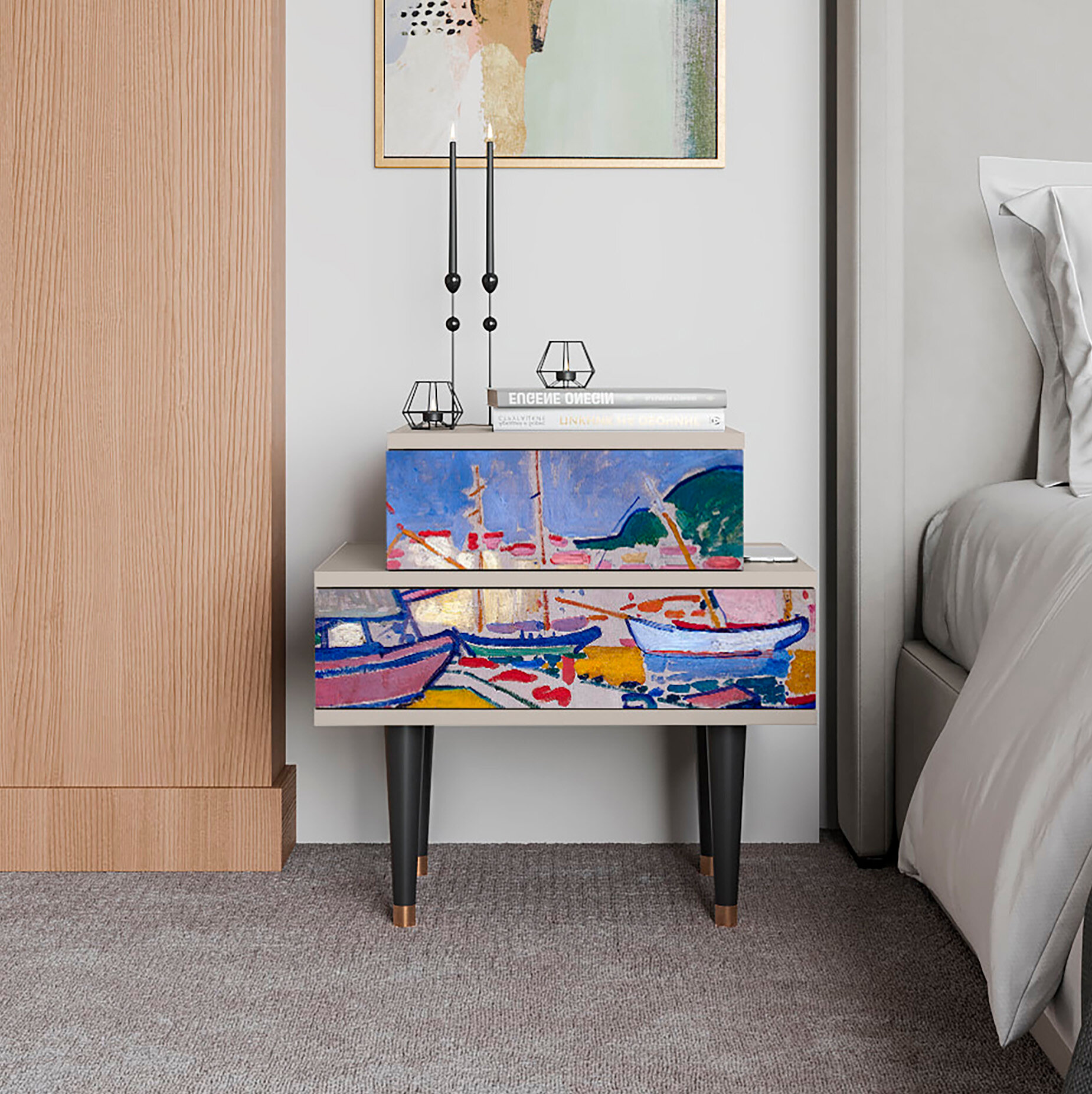 Прикроватная тумба - STORYZ - NS1 The Port of Collioure by Andre Derain , Размер - 58 x 58 x 41 см, Цвет корпуса - , Сатин
