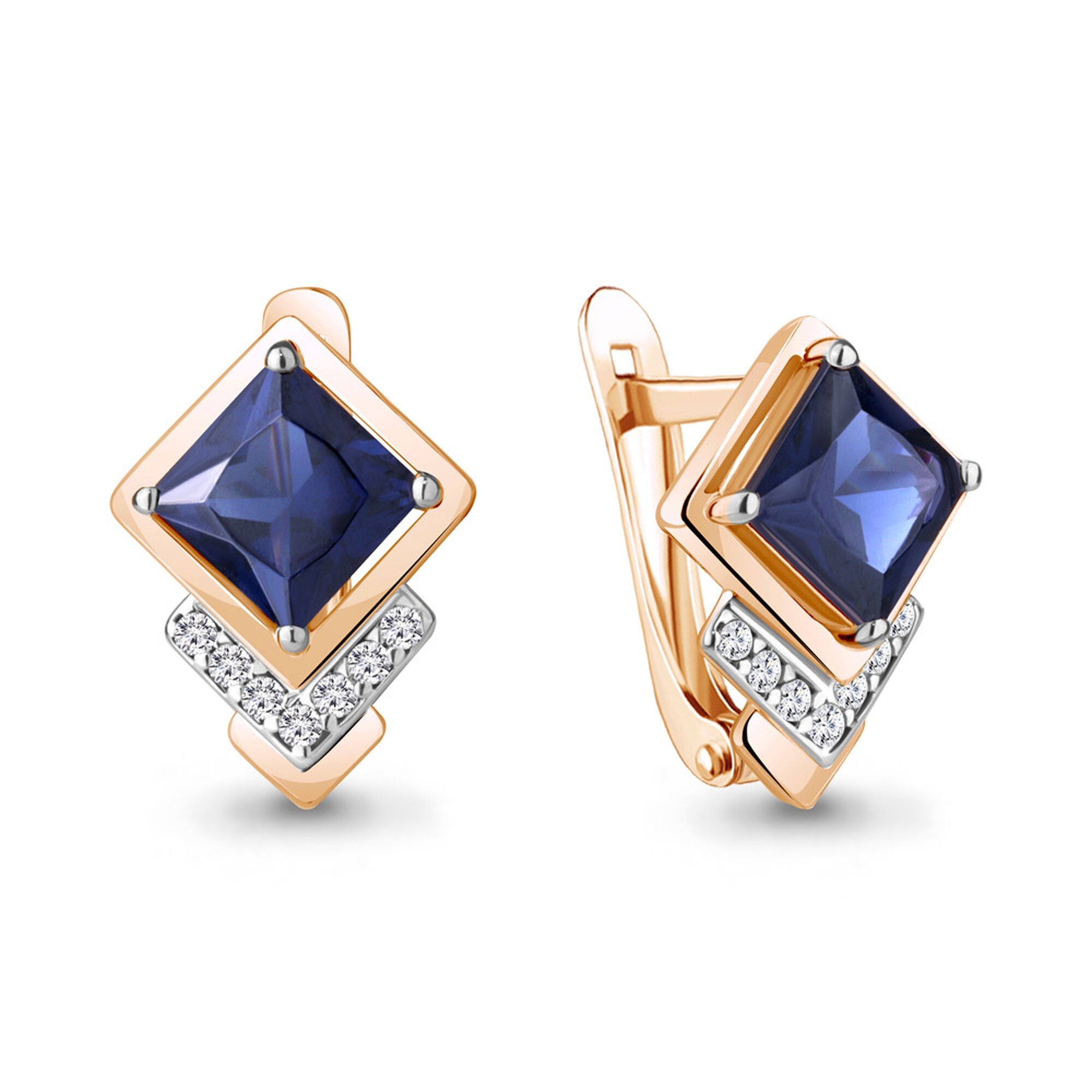 Серьги, серебро, 925 проба, золочение, фианит, сапфир синтетический