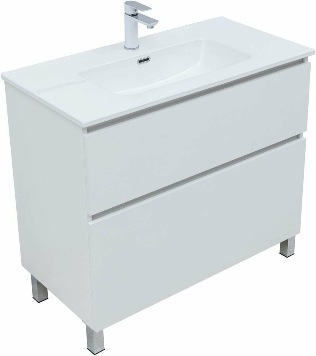 Тумба с раковиной Aquanet Вега 90 напольная, белый глянец + раковина Flat