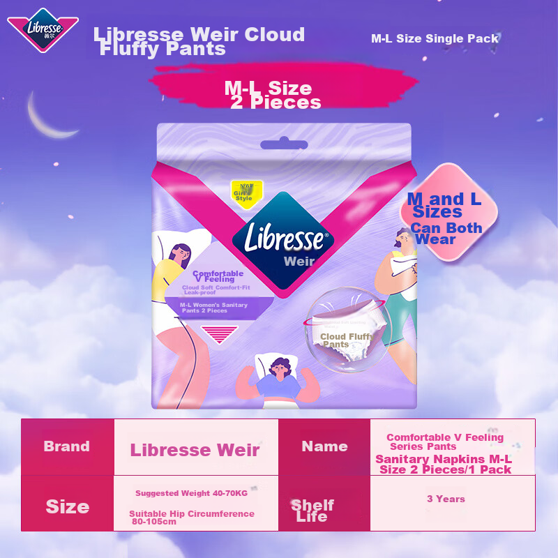 Weieran Sleep Pants, Cloud-Like Comfort, Puffy Pants, M-L Size, 2 Pieces, Fitted, Leak-Proof, Night Use Panty-Style Sanitary Napkins