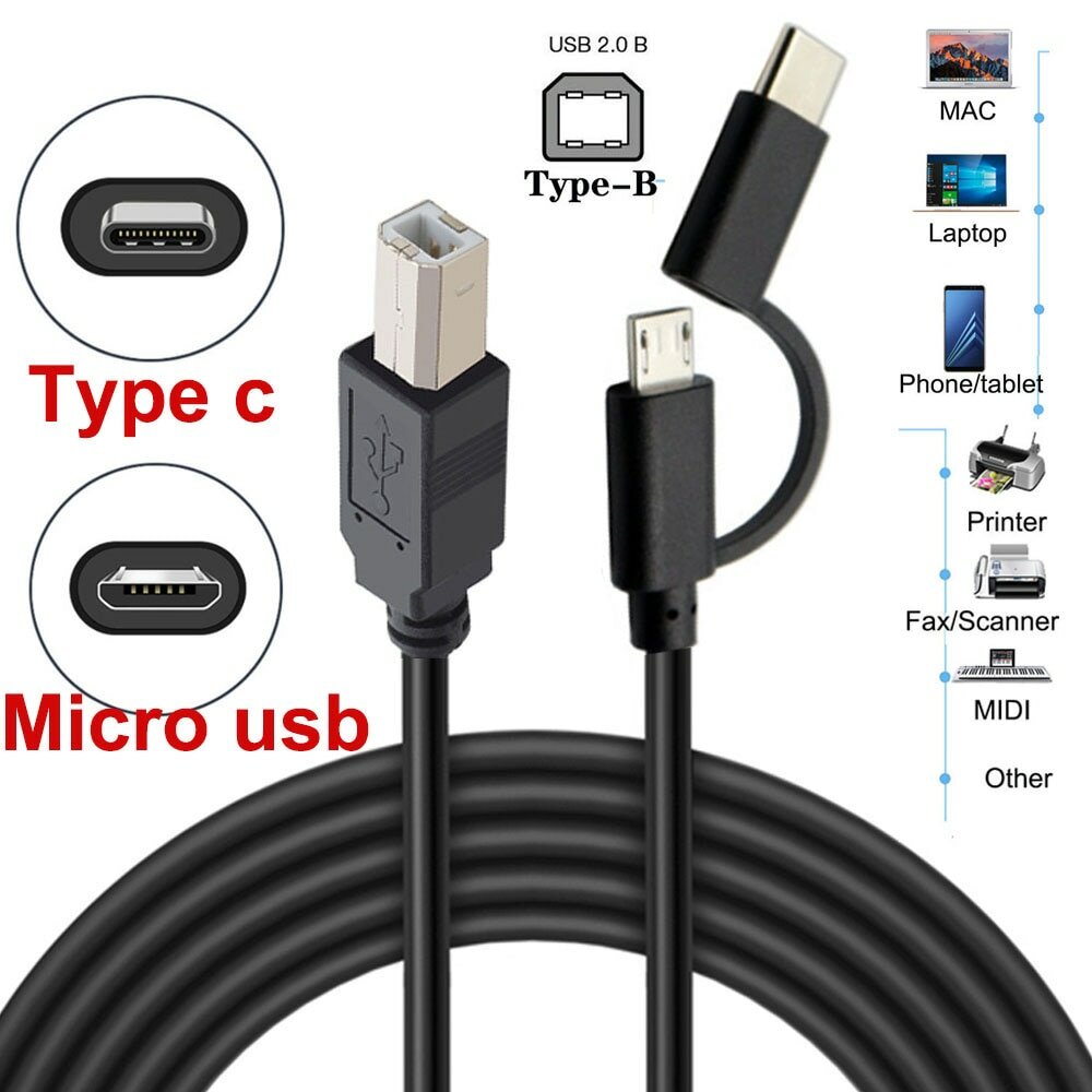 Micro Usb 2.0 + TYPE C Male to USB 2.0 Type-B Male OTG кабель для телефона, принтера, сканера, электронного пианино и эл