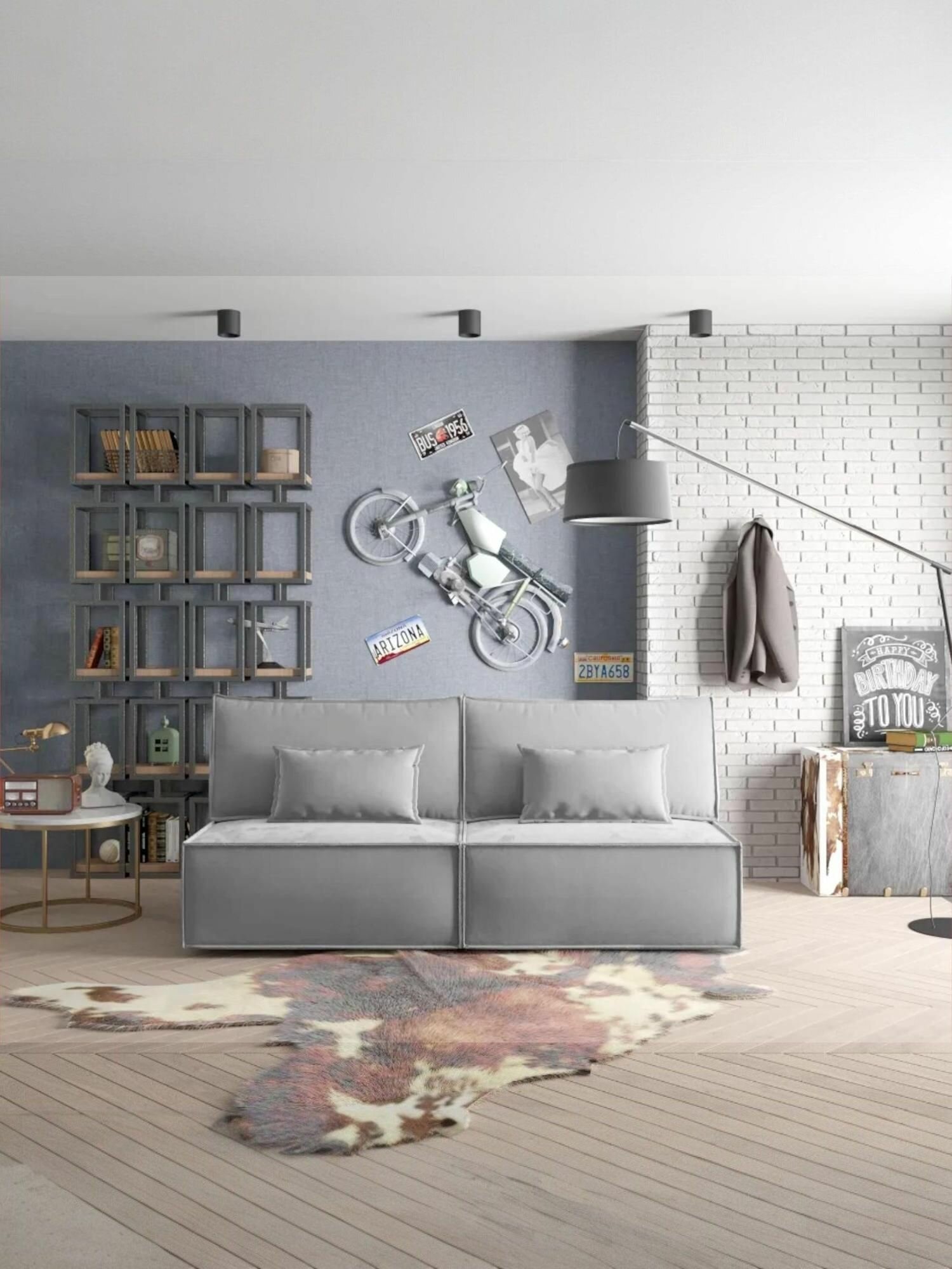 Прямой диван Manons Maison Hygge Short, раскладной механизм Еврокнижка (Тик-так), Велюр Светло- серый, 200х100х86 см