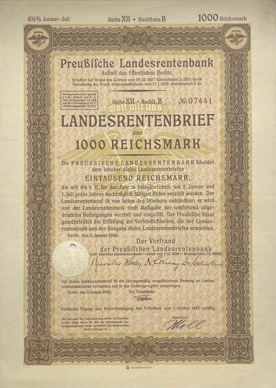 Акция 1000 рейхсмарок Германия 1940 года.