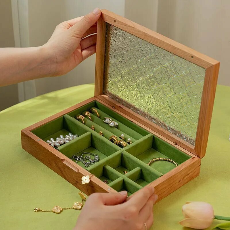 Шкатулка "Flora", для украшений, дерево, 2 отделения, цвет зеленый, бежевый