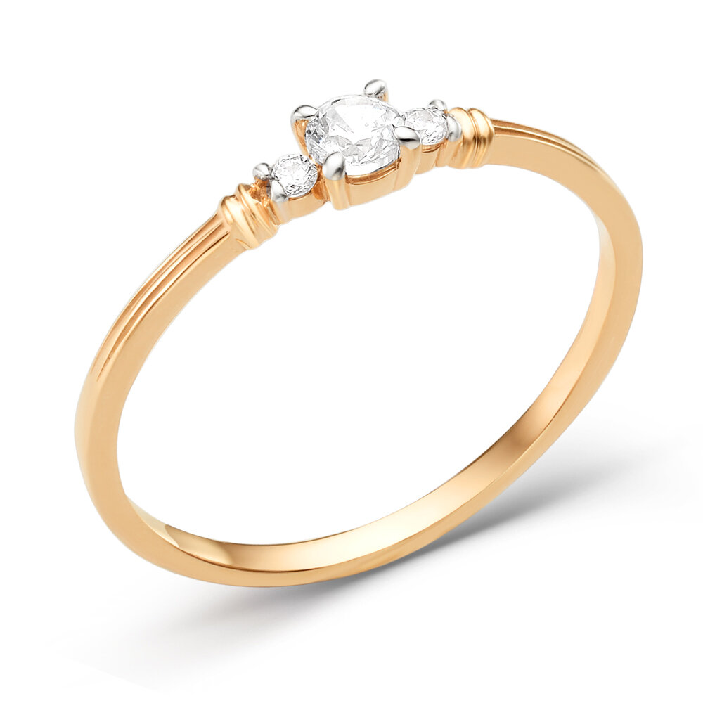 Кольцо тонкое, красное золото, 585 проба, фианит