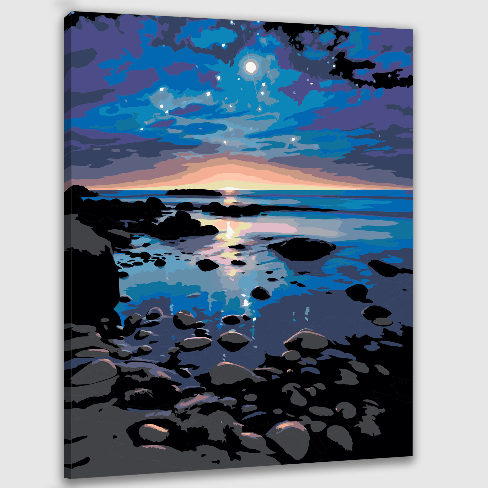 Картина по номерам 40x50 см, пляж, сумерки, ночное небо, воды, зеркальное отражение, зодиакальные созвездия