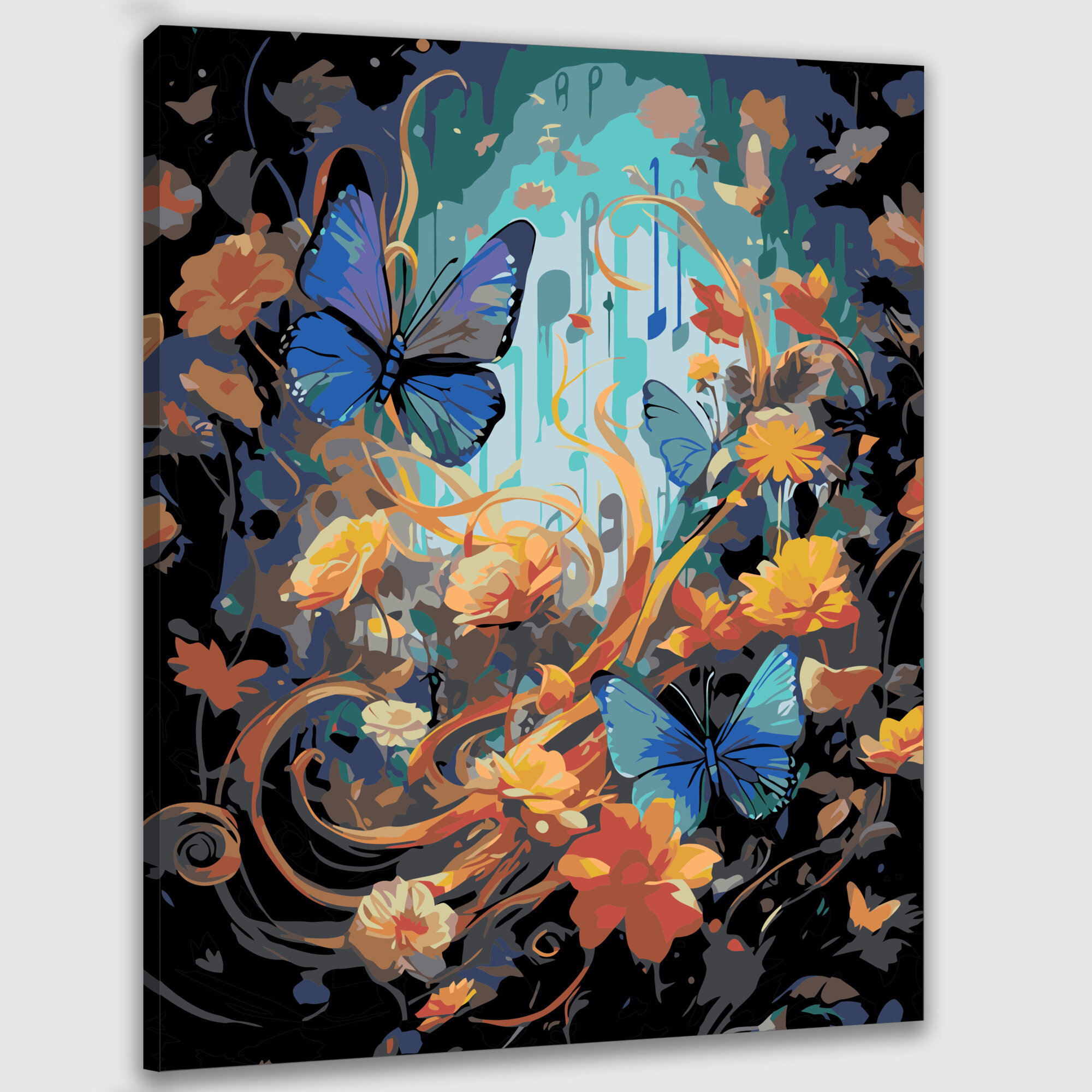 Картина по номерам 40x50 см, цифровая иллюстрация, волшебная сцена, музыкальные ноты, яркие бабочки